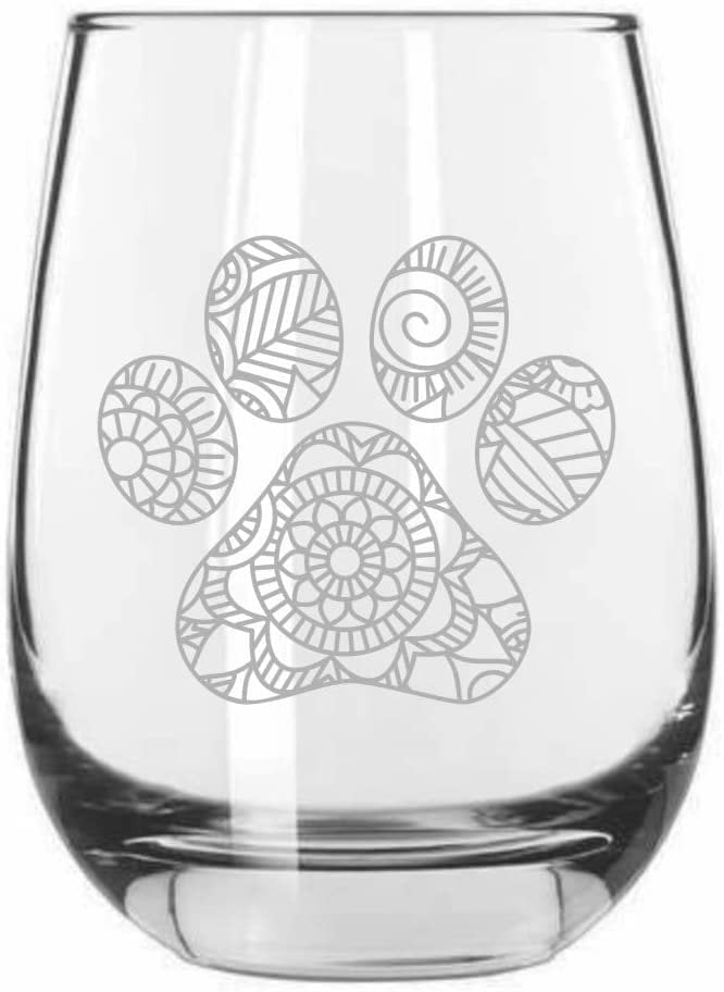 Paw Mandala 2 Puppy Love Paw Prints Etched 15.25oz Libbey Stemless Wine ...