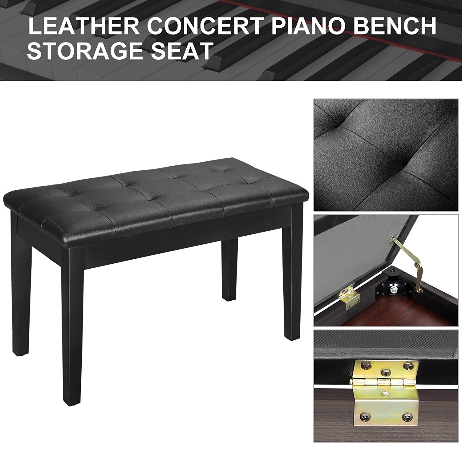 Deluxe Padded Concert Piano Bench Keyboard Storage Seat Portable Solid ...