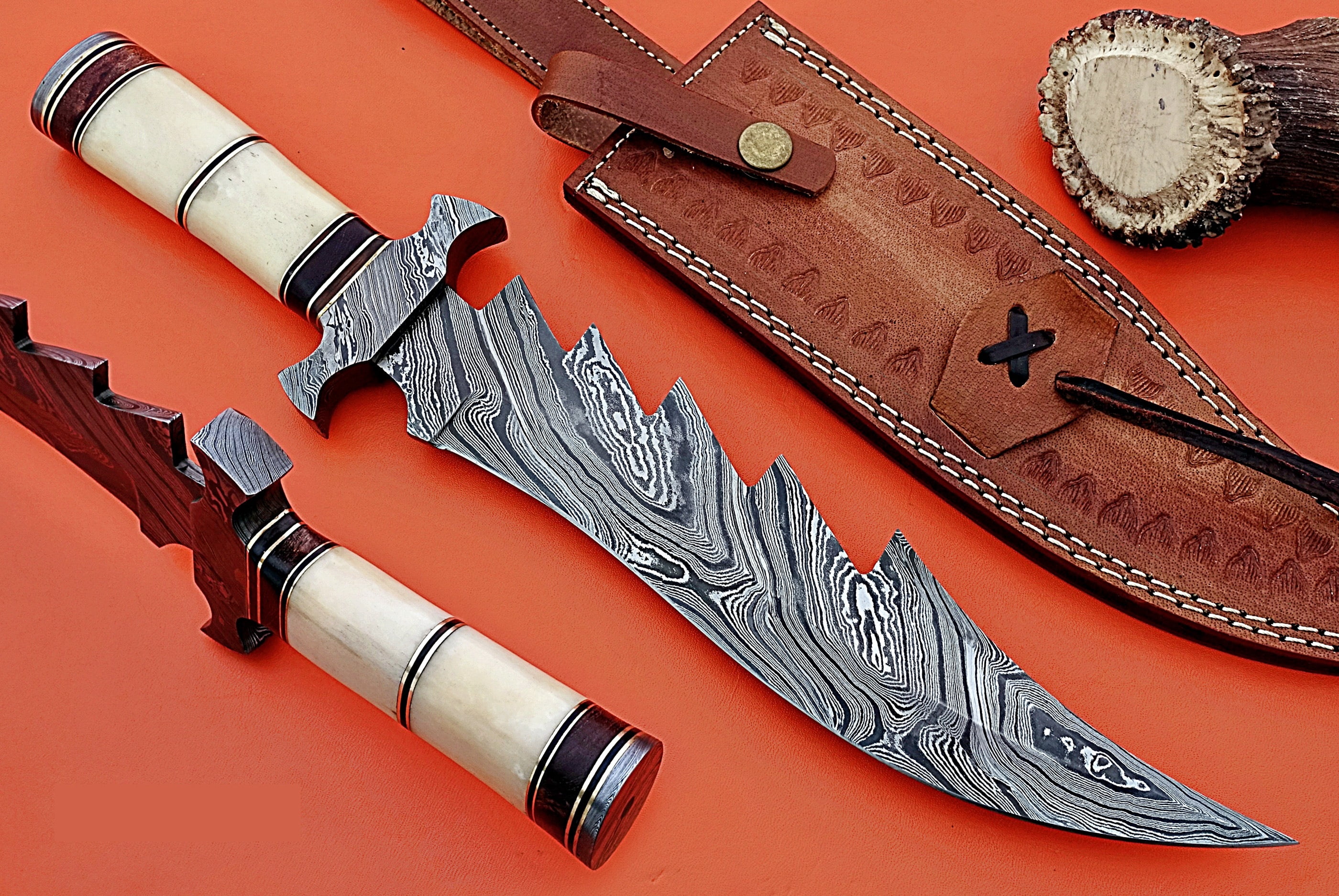 13" Hunting knife, Damascus steel blade & Finger guard, Camel bone, Cow ...