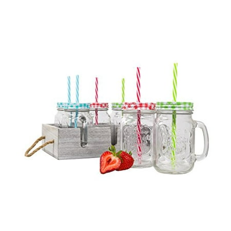 Glass Mason Drinking Jars & Carrier with Reusable Straws, Lids ...