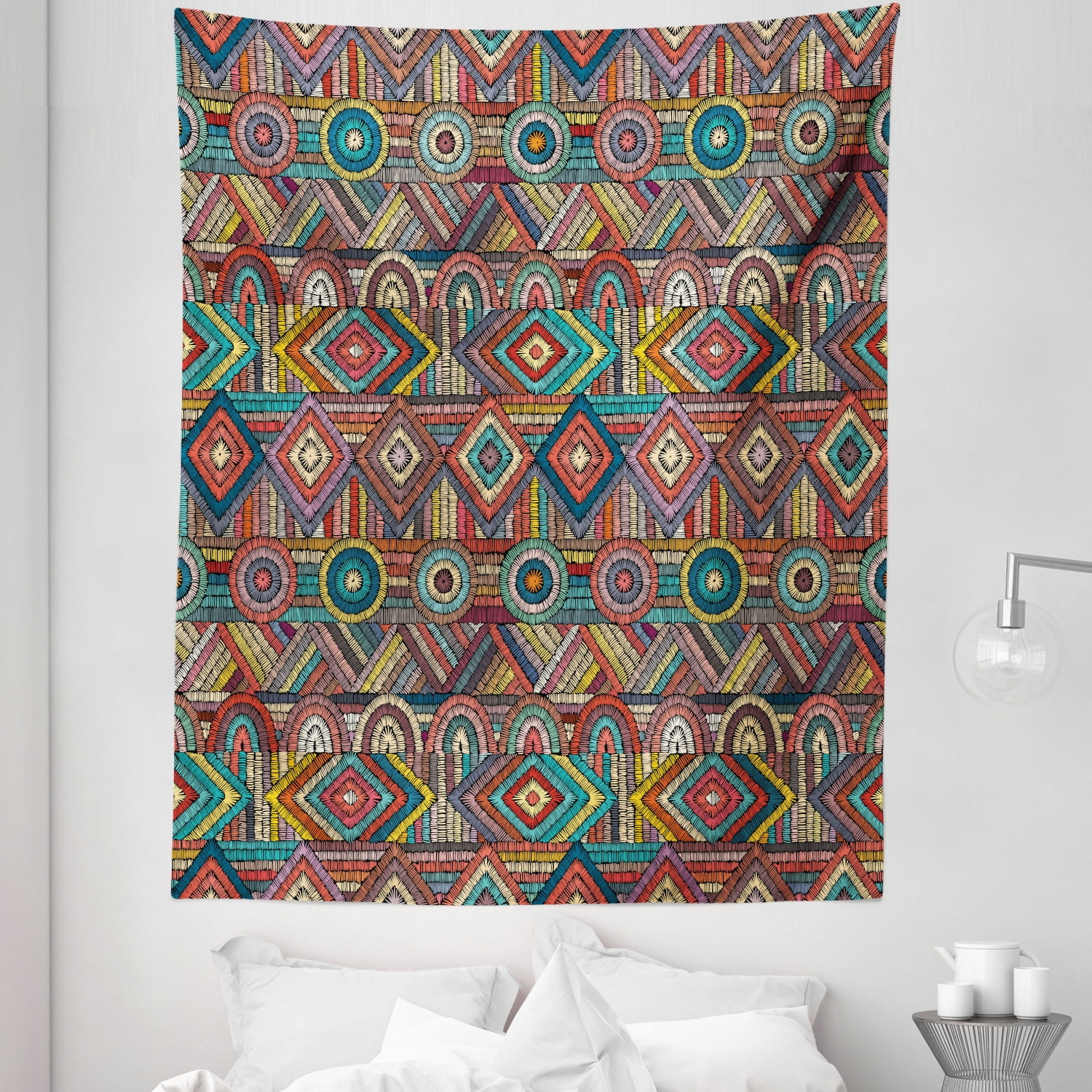 Aztec Tapestry, Vibrant Folk Style Cultural Geometric Stitch Hand Drawn ...