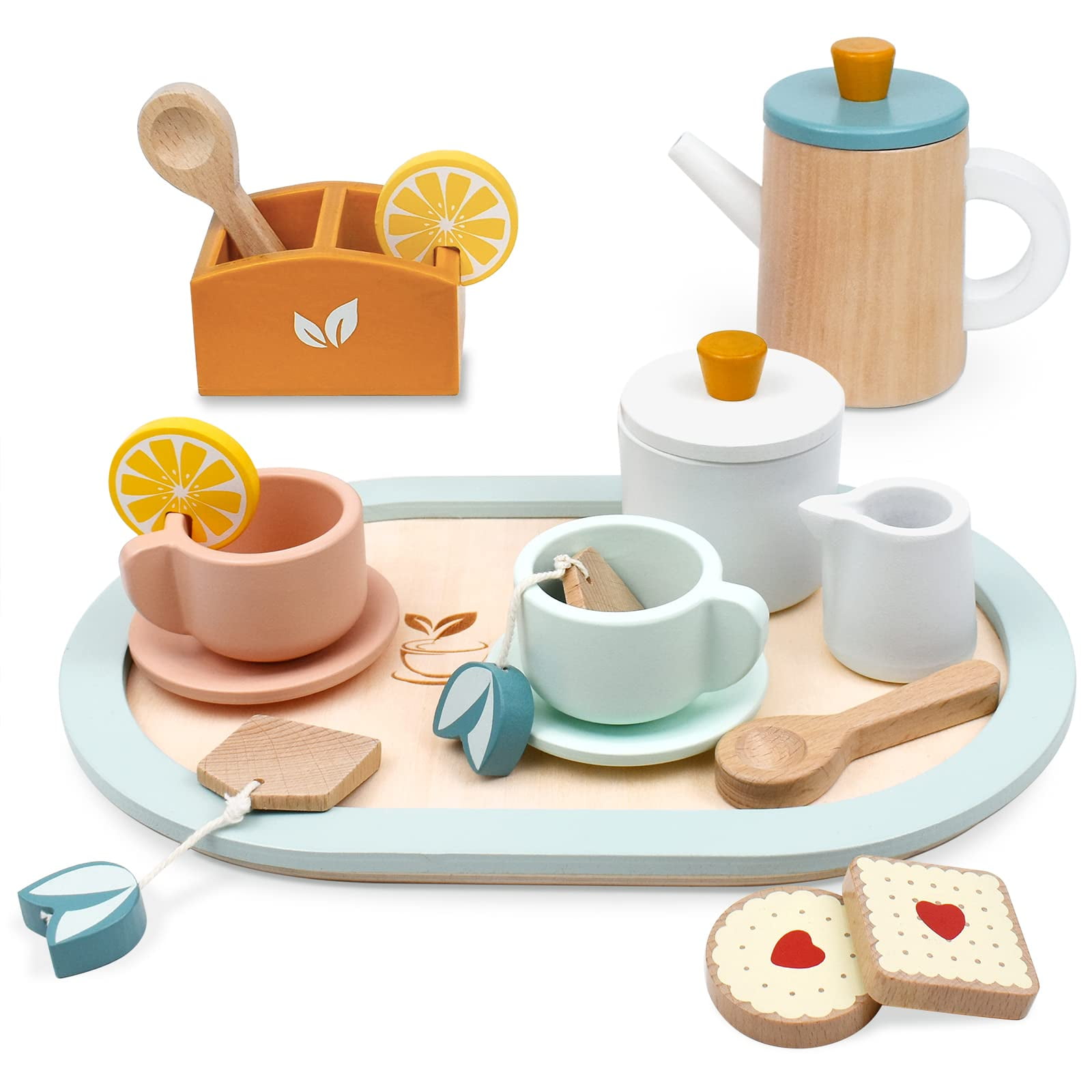 PairPear Wooden Tea Set for Little Girls, Wooden Toys Toddler Tea Set ...