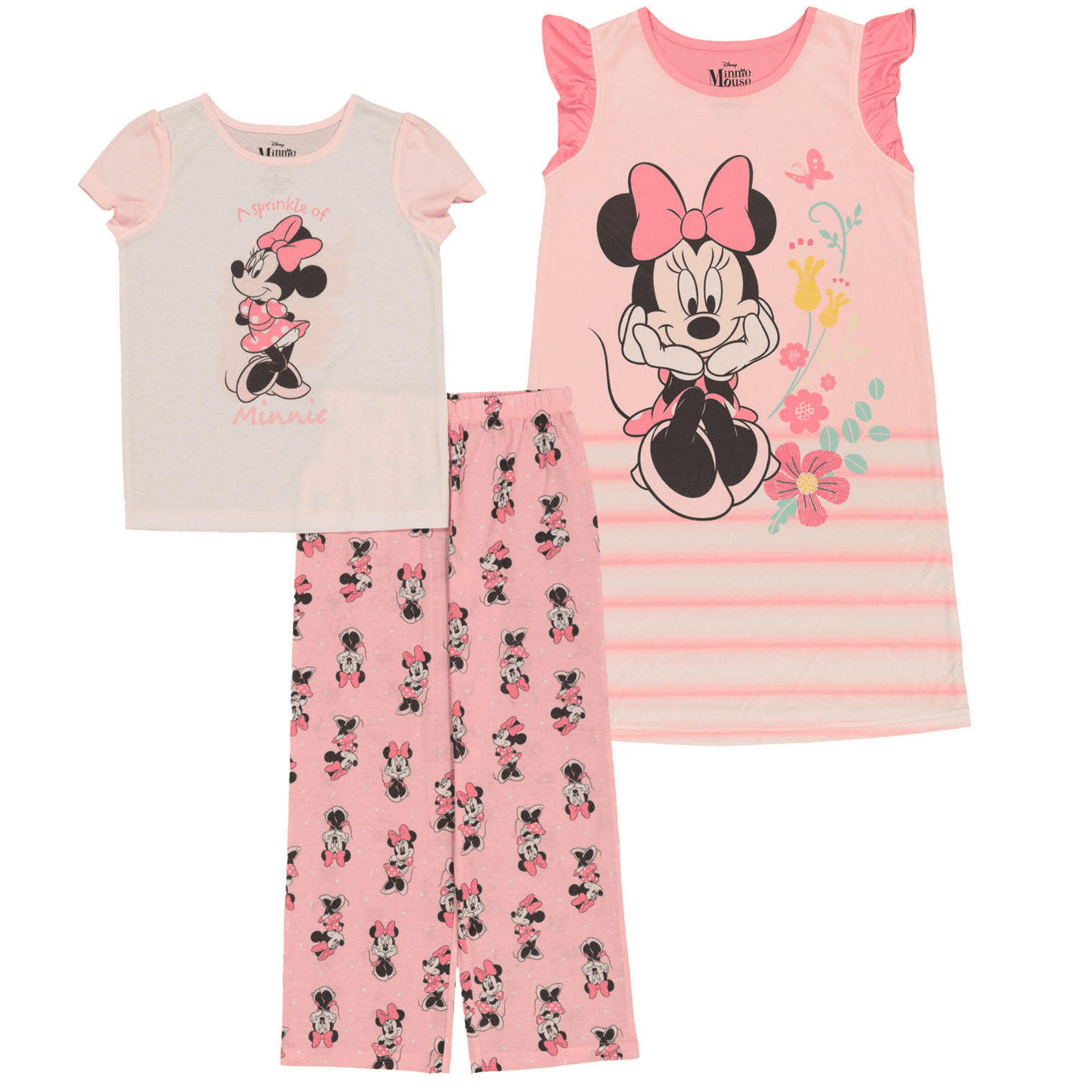 Disney Minnie Mouse Girl's 3 Piece Short Sleeve Polyester Pajama Set 4 ...