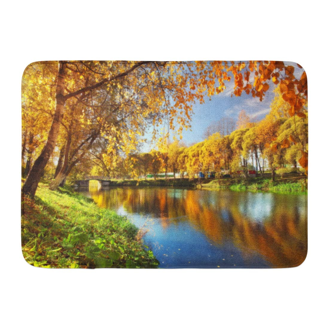 SIDONKU Green Scenic Pond in Autumn Yellow Leaves Reflection Red ...