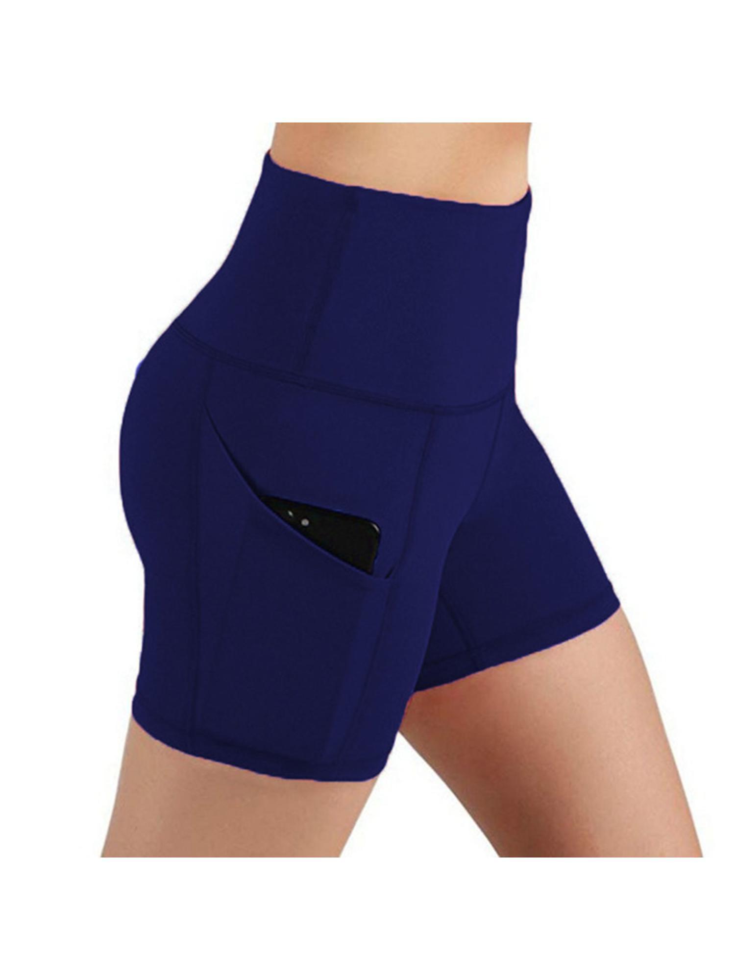 Womens Elastic Waist Yoga Shorts With Side Pockets Tummy Control