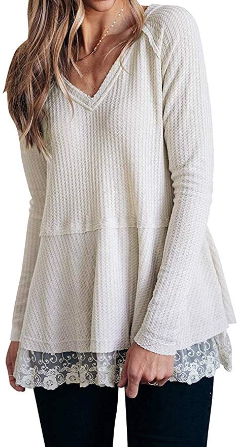 Womens Long Sleeve Waffle Knit Tops V Neck Lace Patchwork Casual Tunics ...