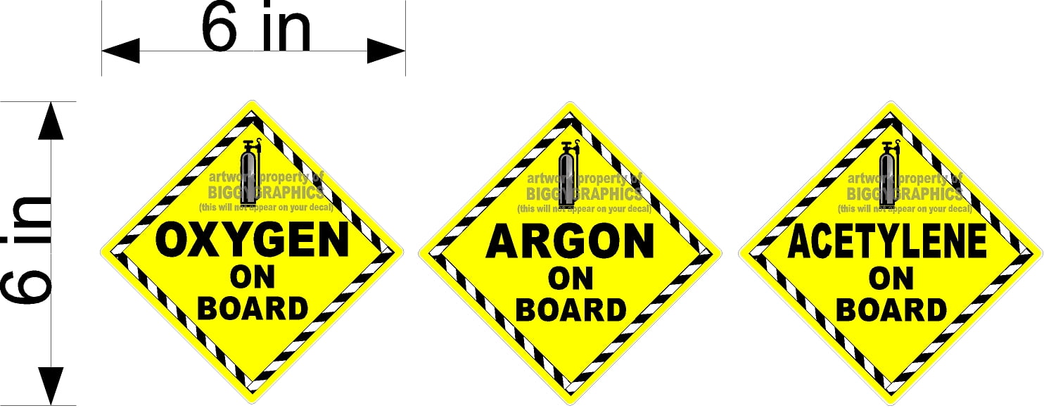SET OF 3 OXYGEN ARGON ACETYLENE ON BOARD MAGNETIC SIGNS / MAGNETS 6" x ...