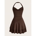 Chocolate Brown Womens Slim Fit Ruched Halter Mini Dress With Tiered ...