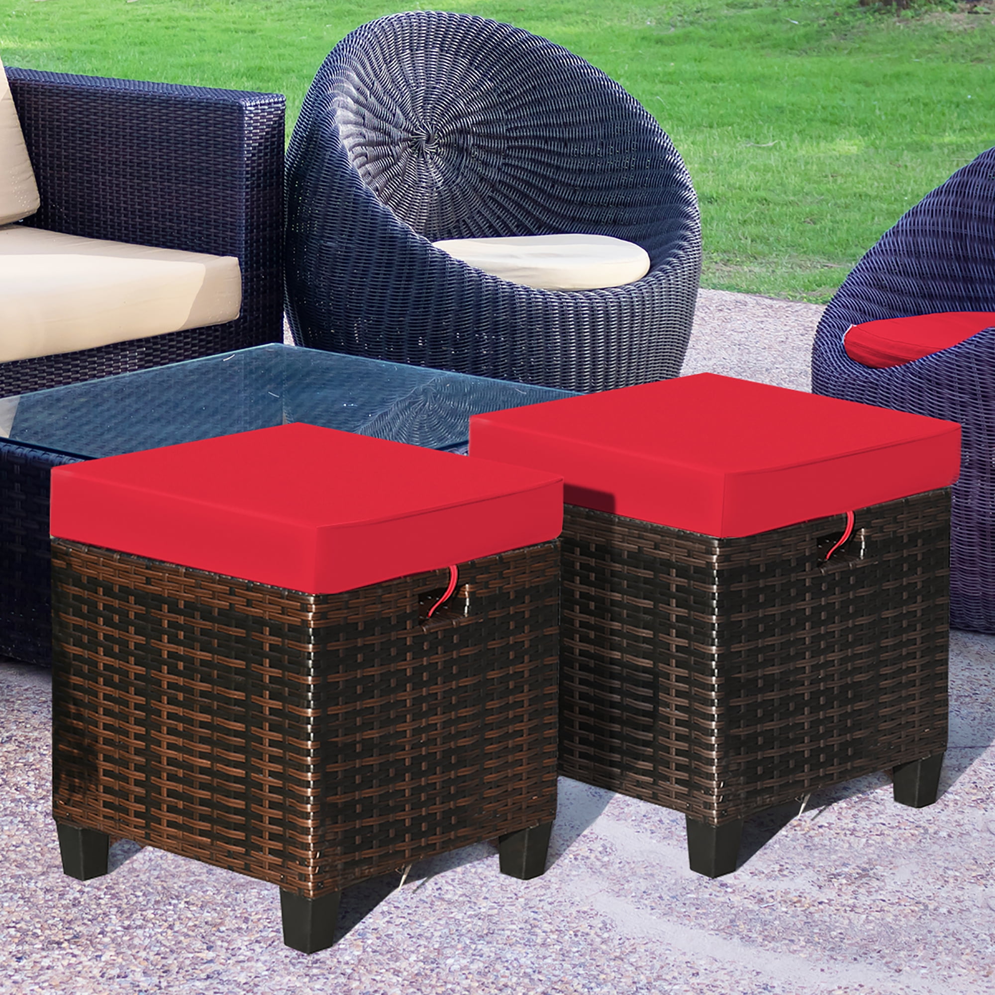 Costway 2PCS Patio Rattan Ottoman Cushioned Seat Foot Rest Coffee Table ...