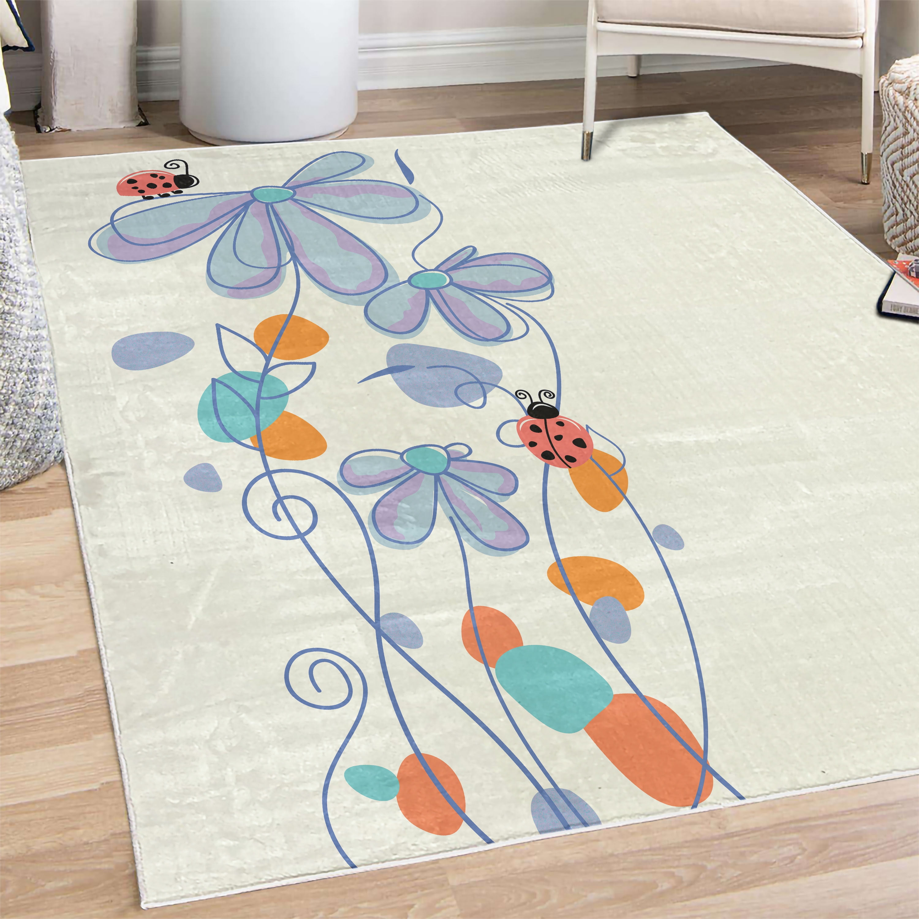 Spring Decorative Rug, Flowers Oval Dome-Shaped Ladybugs Illustration ...