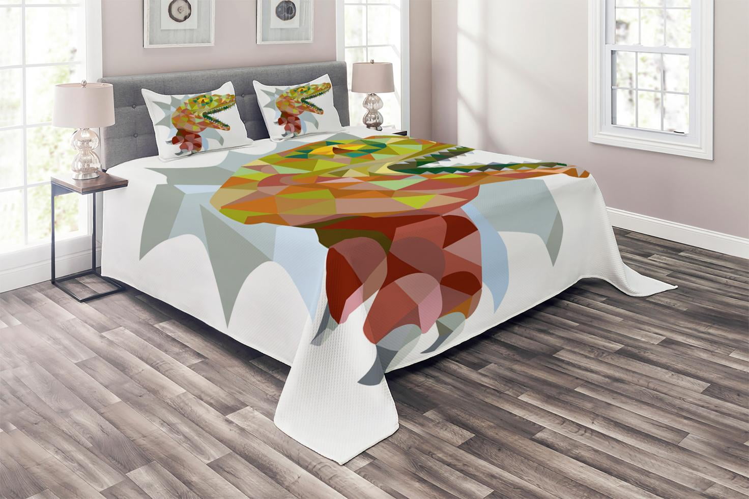 Ambesonne Dinosaur Quilted Coverlet 3 Pcs, Colorful Mosaic T-rex, King ...