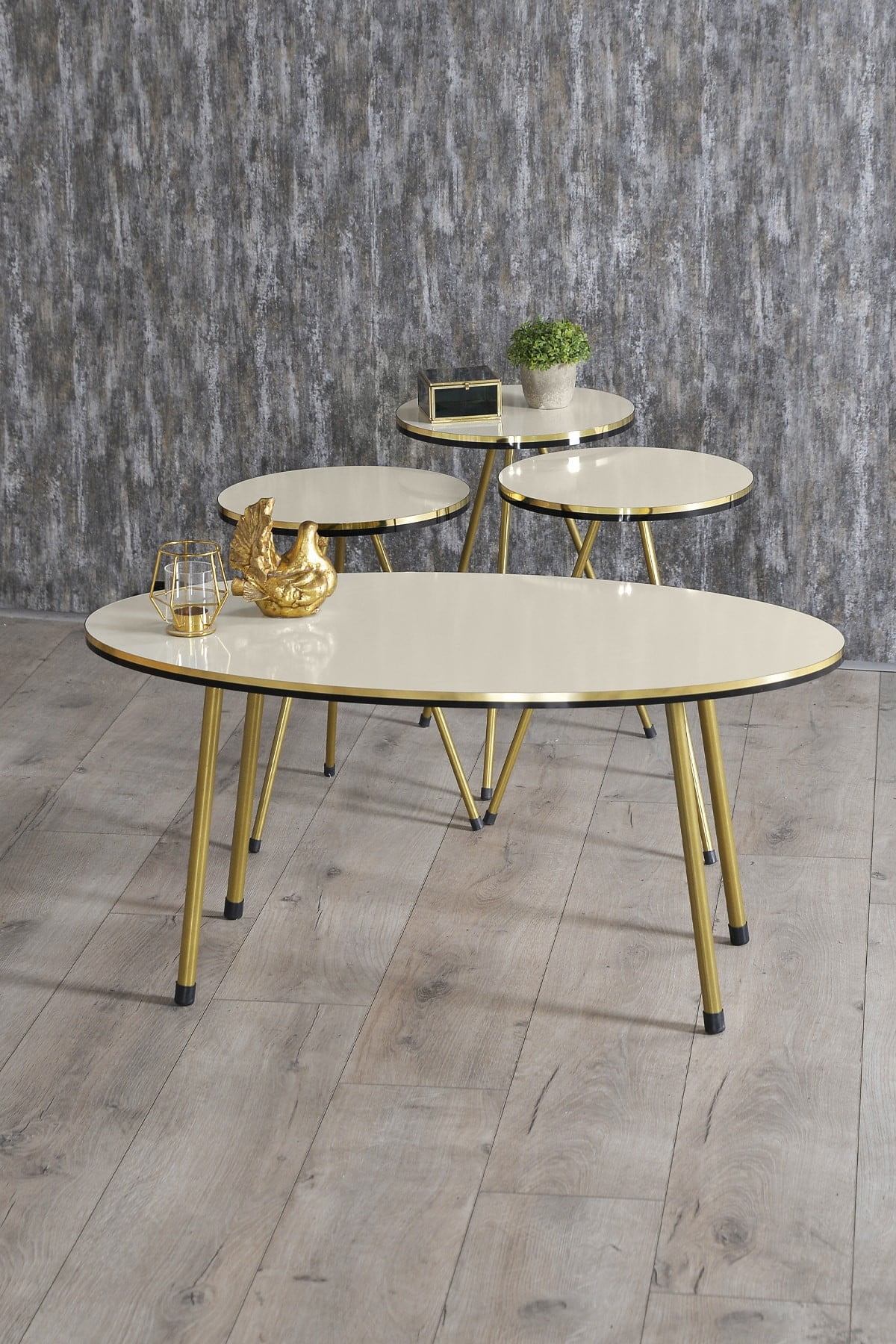 Cream White Marble Oval Coffee Table Set with 4 PCS,Set With 3 Modern ...