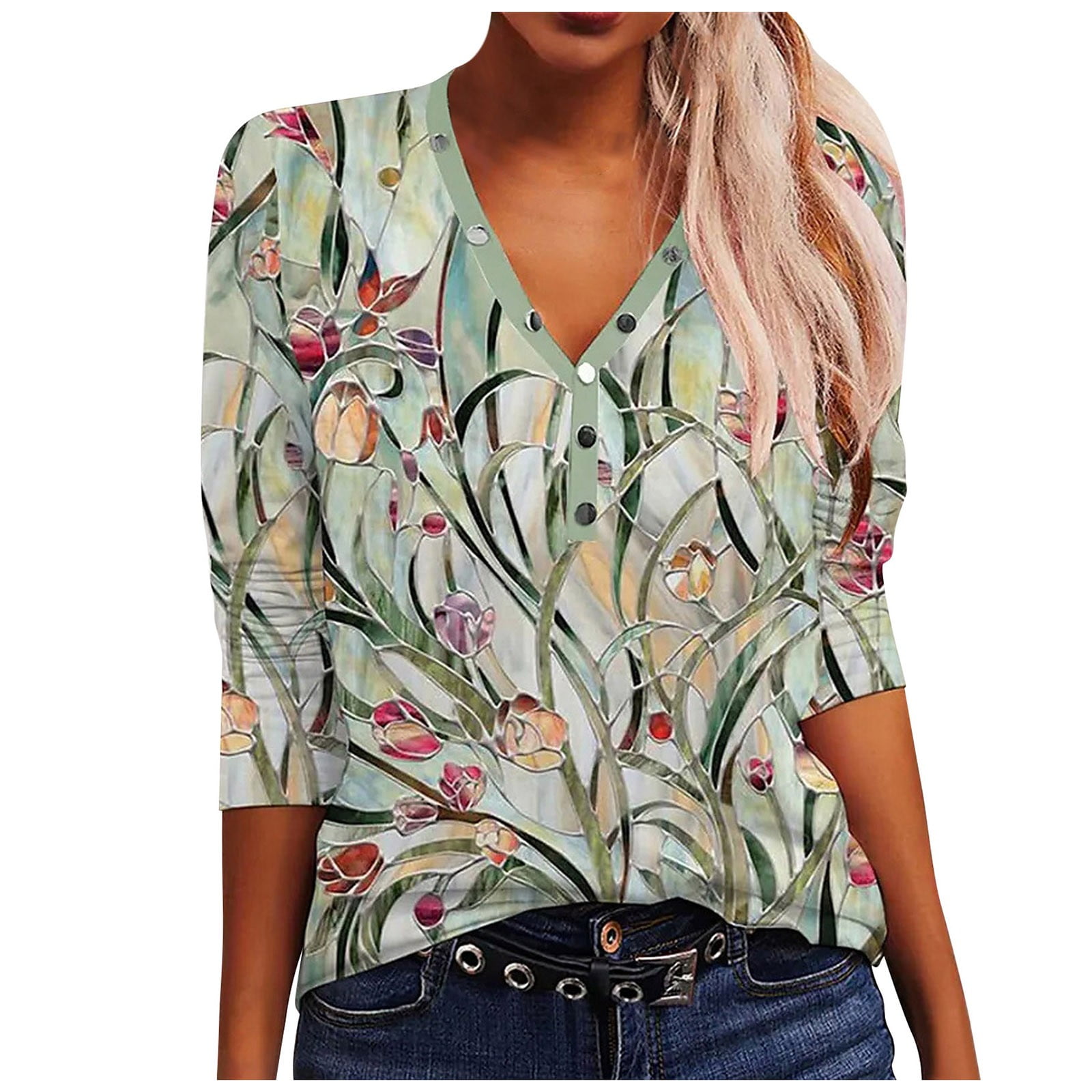 YDKZYMD Green Printed Dressy Blouses for Women 3/4 Sleeve Dressy Casual ...