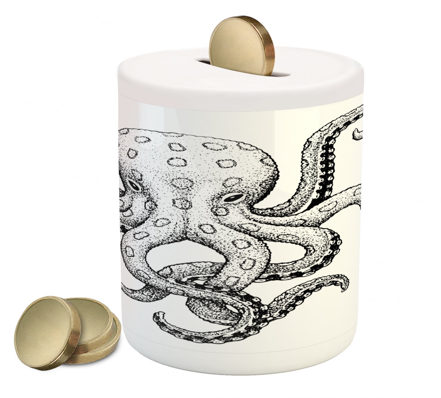 Octopus Piggy Bank, Classic Drawn Ink Illustration Wild Marine Animal ...