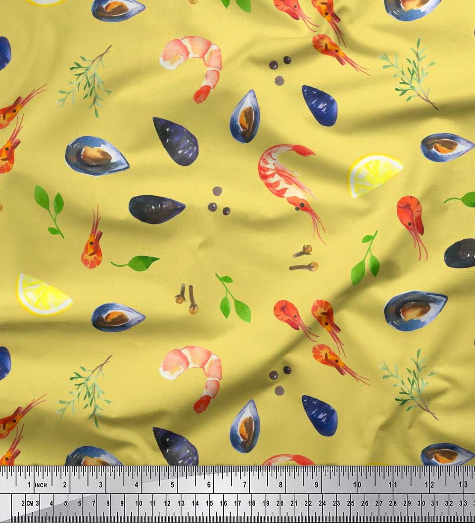 Soimoi Cotton Voile Fabric Gemstone,Lemon Slice & Prawns Food Print ...