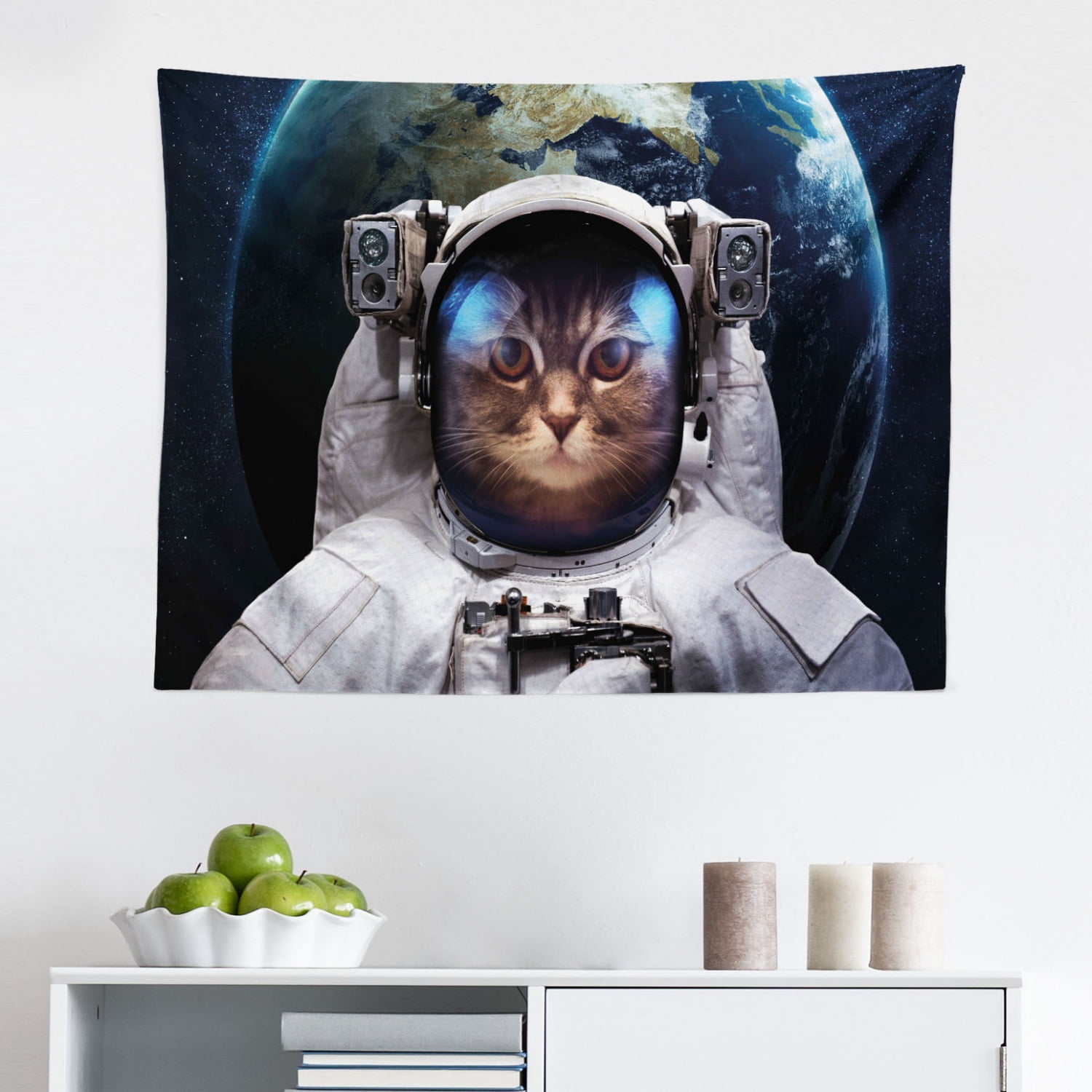 Space Cat Tapestry, Astronaut Kitten in Space Suit Holding World with ...