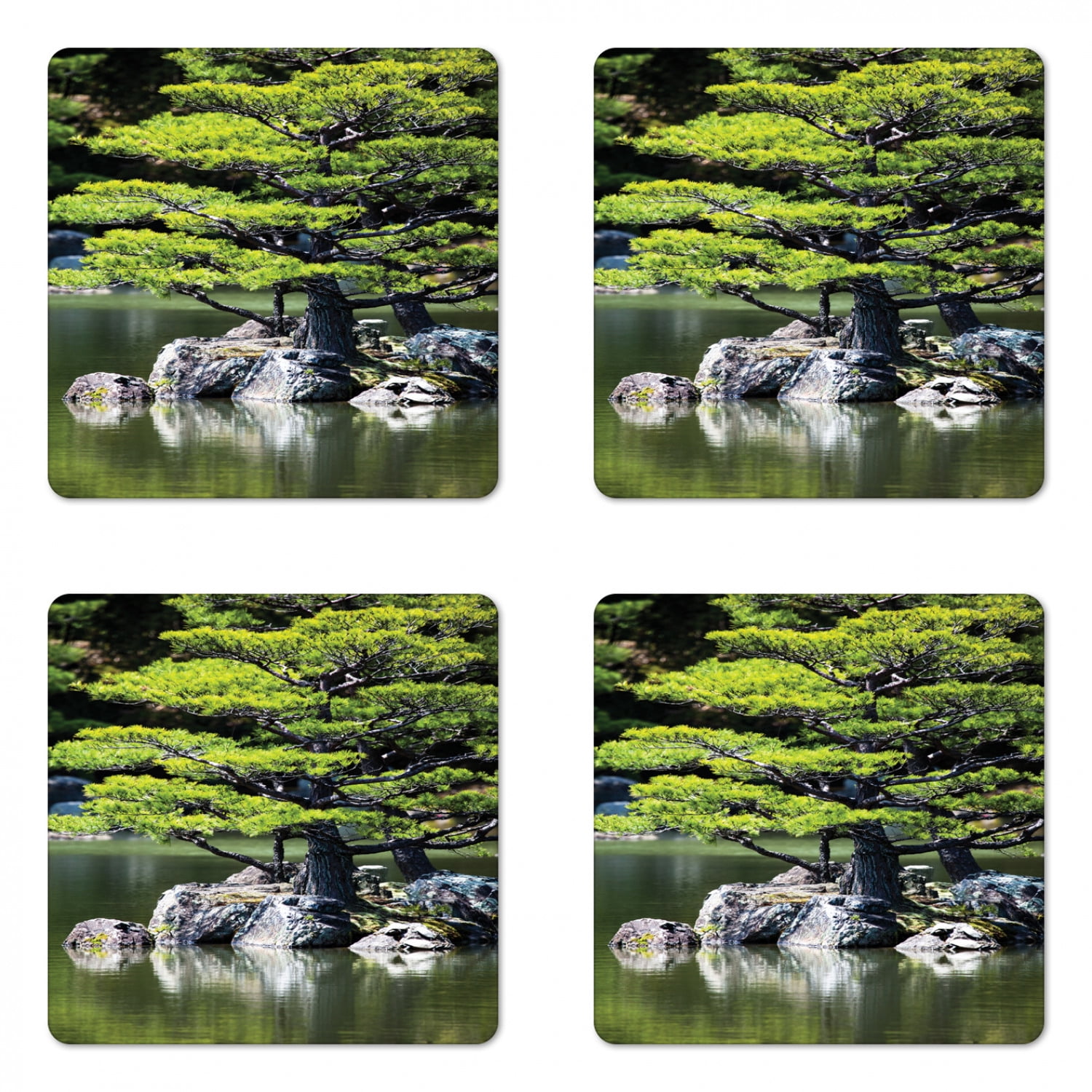 Japanese Coaster Set of 4, Pine Tree in Lake with Stones Japanese ...
