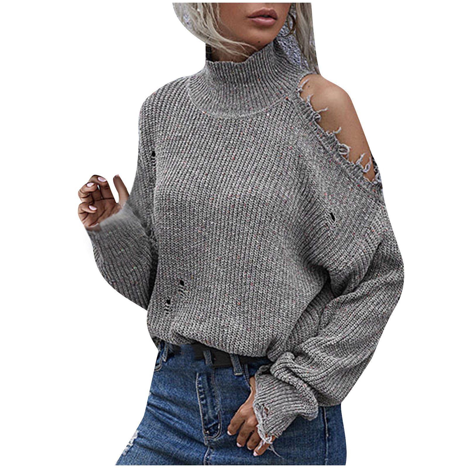 BLVB Women's off Shoulder Sweaters Turtleneck Long Sleeve Cable Knit ...