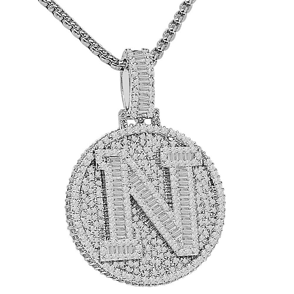 3D Baguette Round Bezel White Tone Initial Letter N Alphabet Charm ...