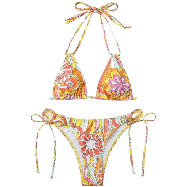 Soly Hux Womens Floral Print Halter Triangle Tie Side Bikini Set Two