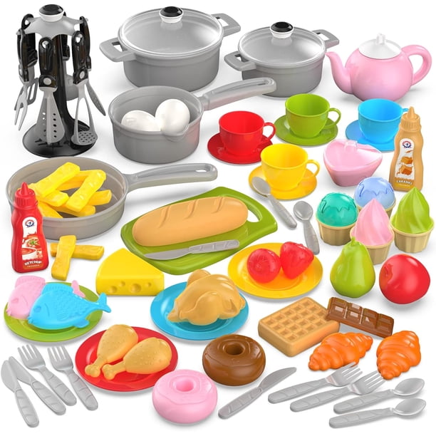 83PCS Pretend Play Kitchen Toys Cookware with Play Food Toy Set - Play ...