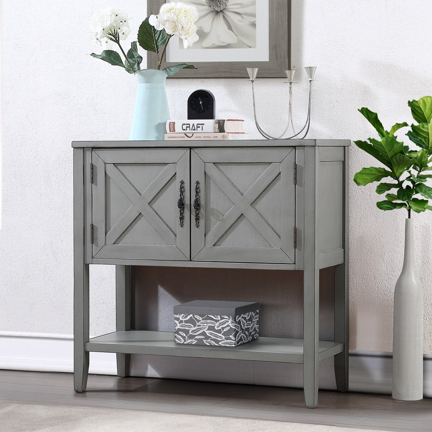 Console Table Sofa Table with 2-Door Cabinet and Bottom Shelf, Wood ...