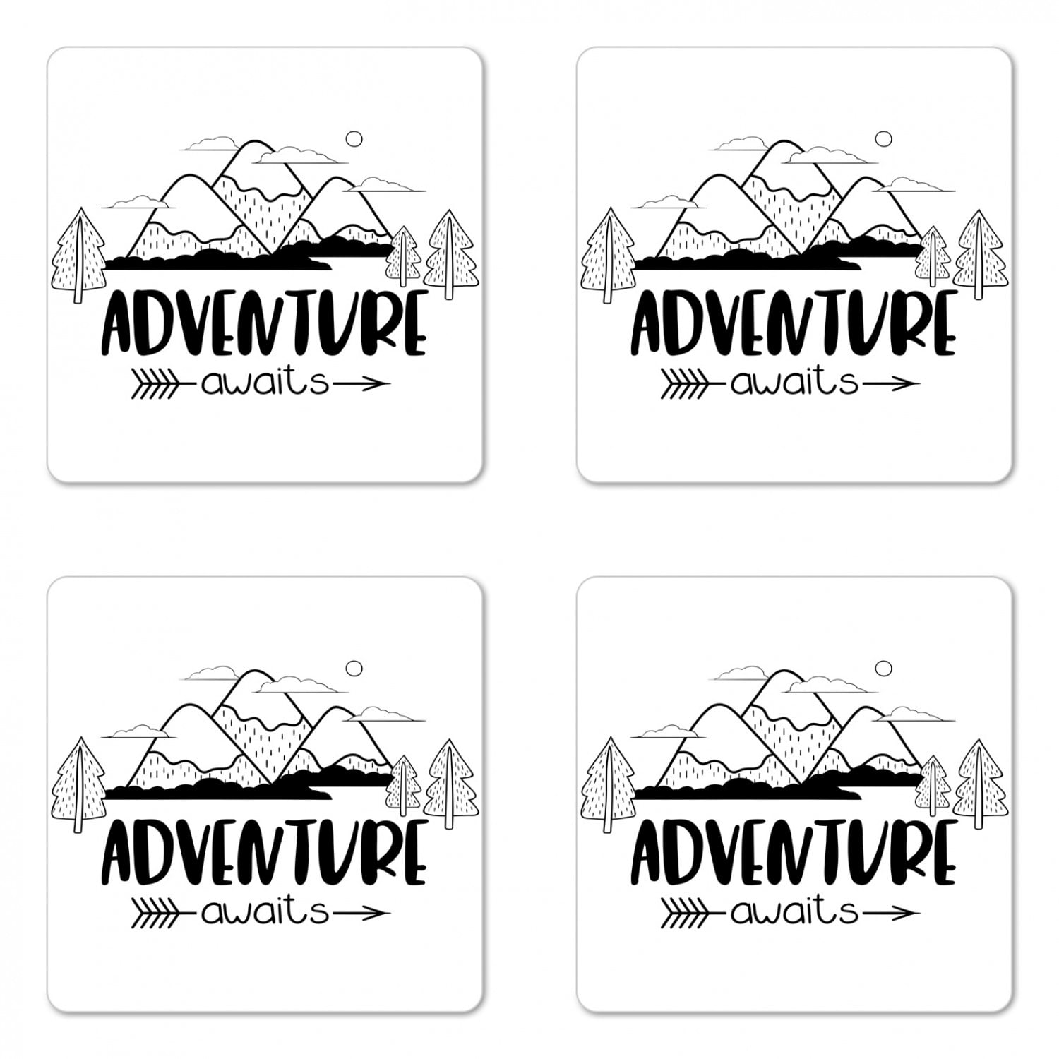 Saying Coaster Set of 4, Outline Monochrome Mountain Trees and ...