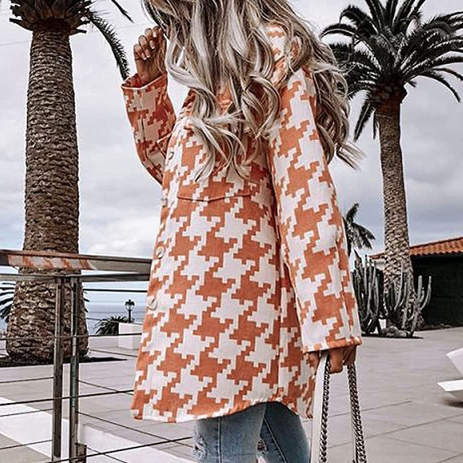 Invierno mujer Plaid solapa lana botón hasta bolsillo manga larga camisa abrigo chaqueta prendas ...