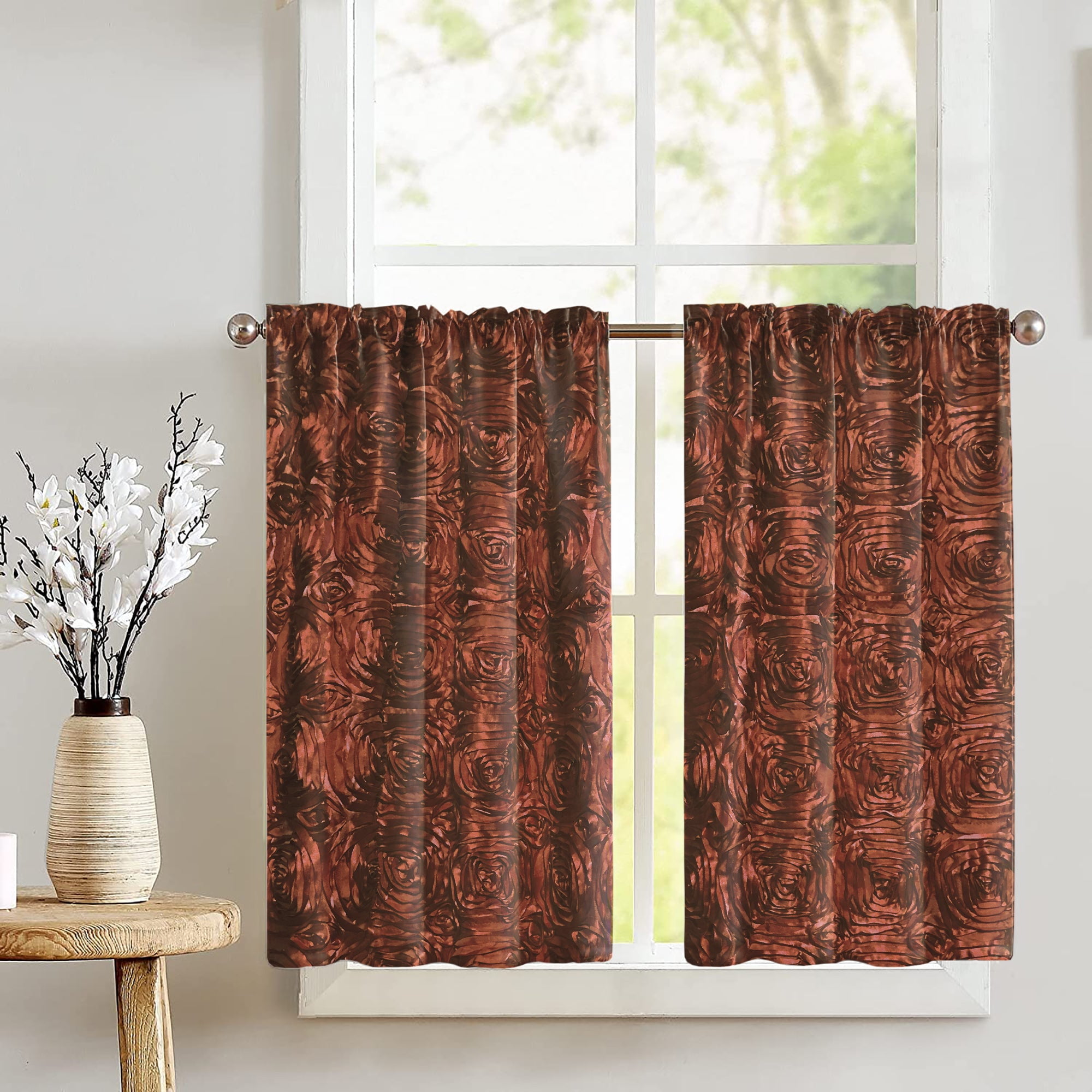 Rose Texture Satin Rosette Café Tier Curtains Window Treatment Kitchen ...