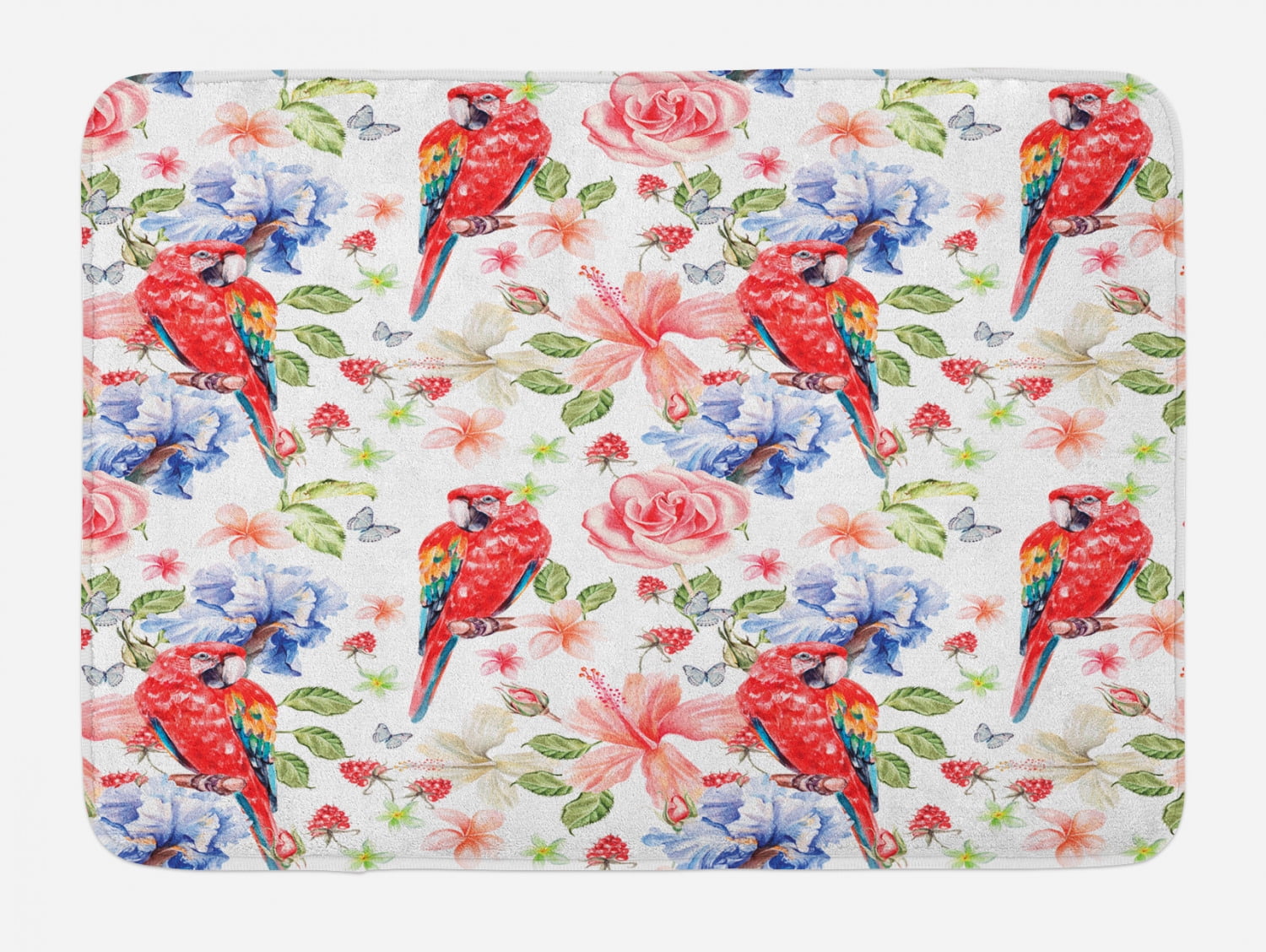 Parrot Bath Mat, Pastel Colored Parrots Iris and Roses on Berry ...