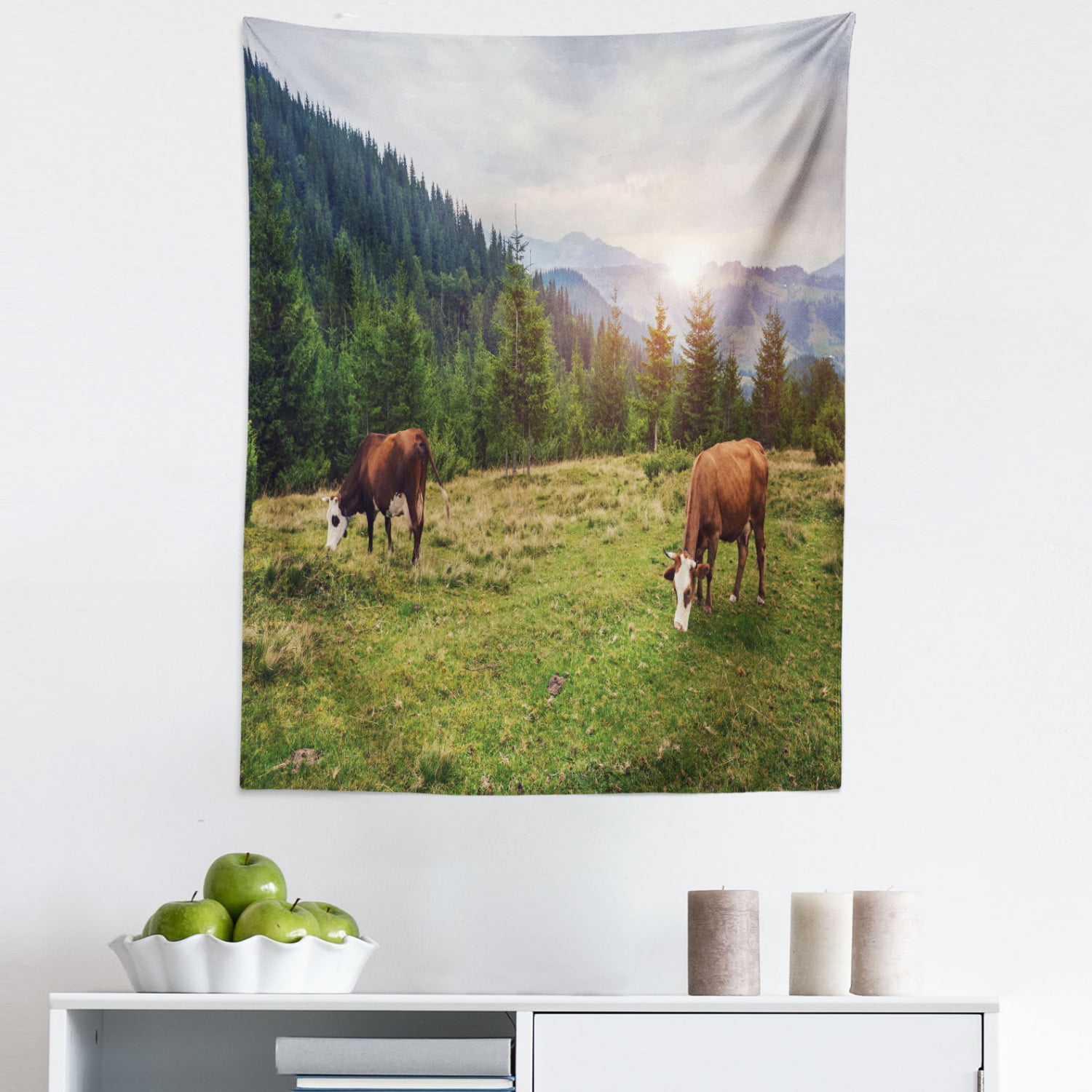 Farm Animal Tapestry, Nature Landscape with Cows Grazing in Meadow at ...