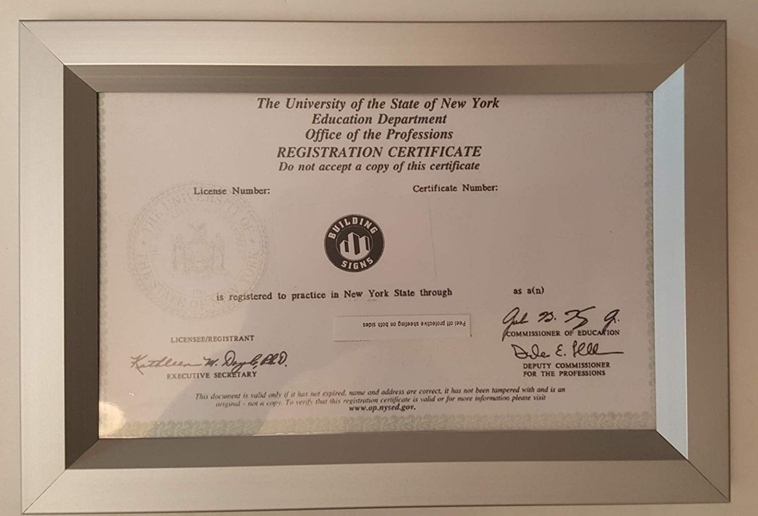 NYS REGISTRATION CERTIFICATE frame 8.5x5.5 ( Heavy Duty - Aluminum ...