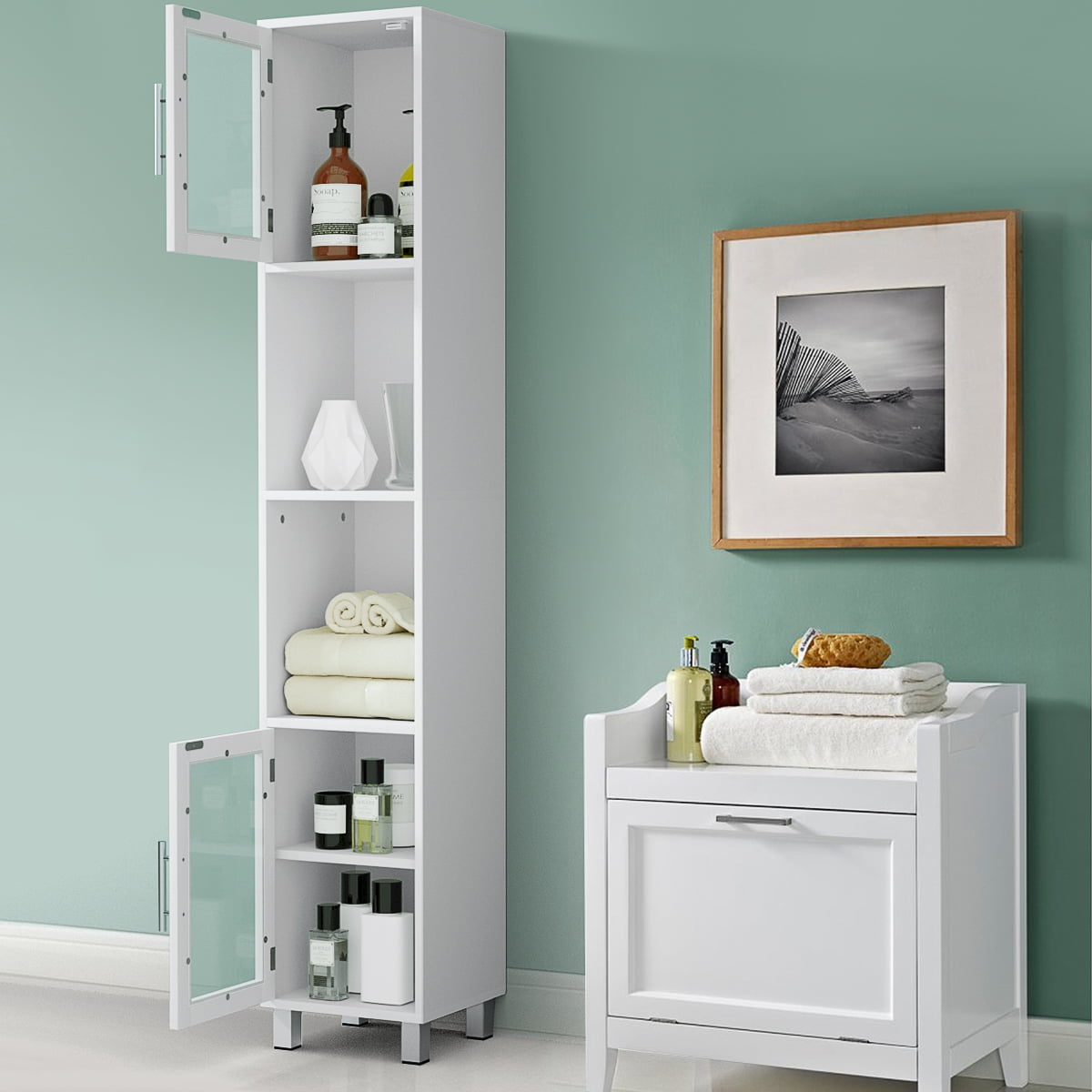 Giantex Tall Bathroom Storage Cabinet Freestanding Slim Tower Cabinet w Tempered Glass Doors Space saving Floor Cabinet for Bathroom Living Room