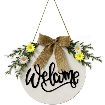 Round Wooden Welcome Sign with Artificial Green Daisies for Front Door ...