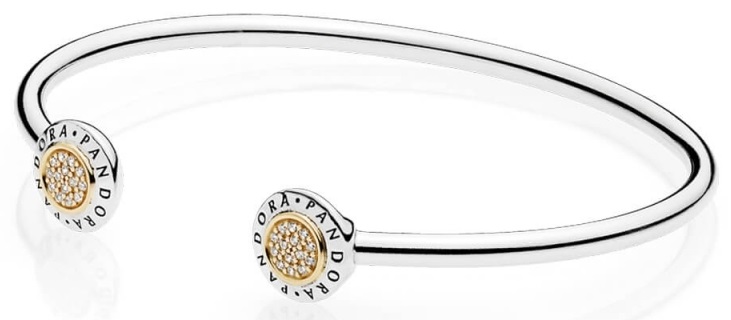 logo open bangle in sterling silver w/14k gold and clear CZ Bracelet 17 ...