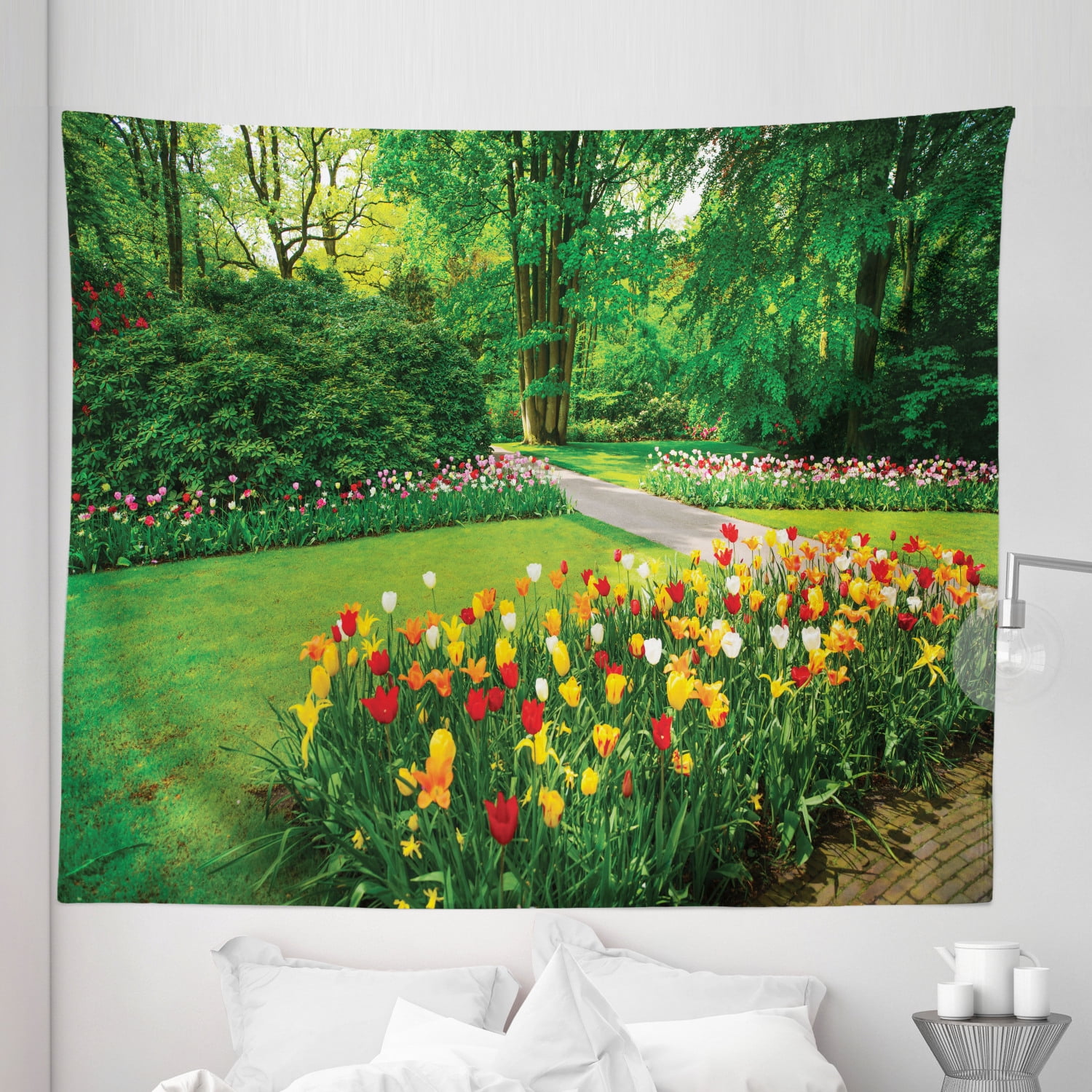 Spring Tapestry, Garden with Tulip Flowers and Trees Springtime in ...