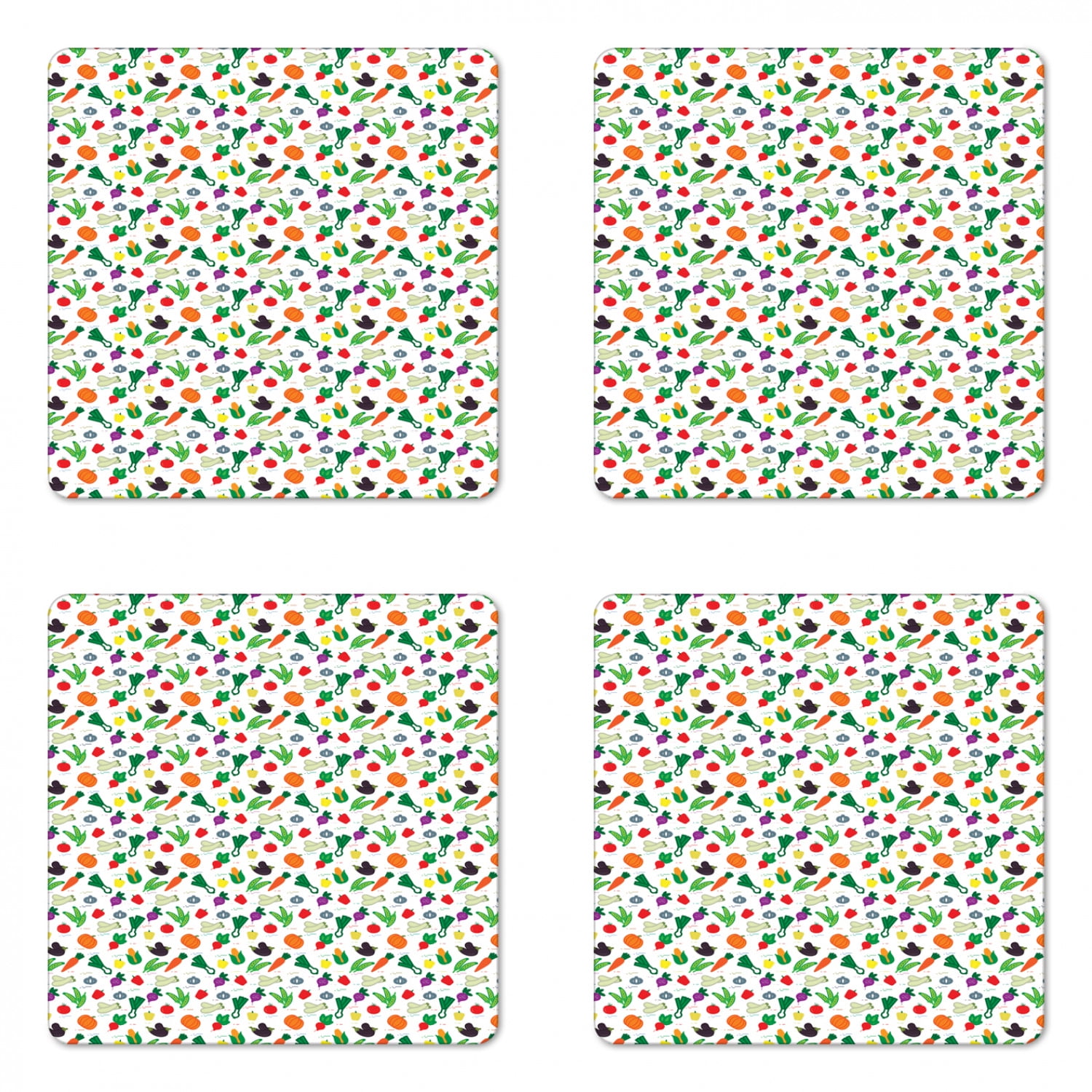 Vegetable Coaster Set of 4, Cartoon Food with Dashed Lines Colorful ...