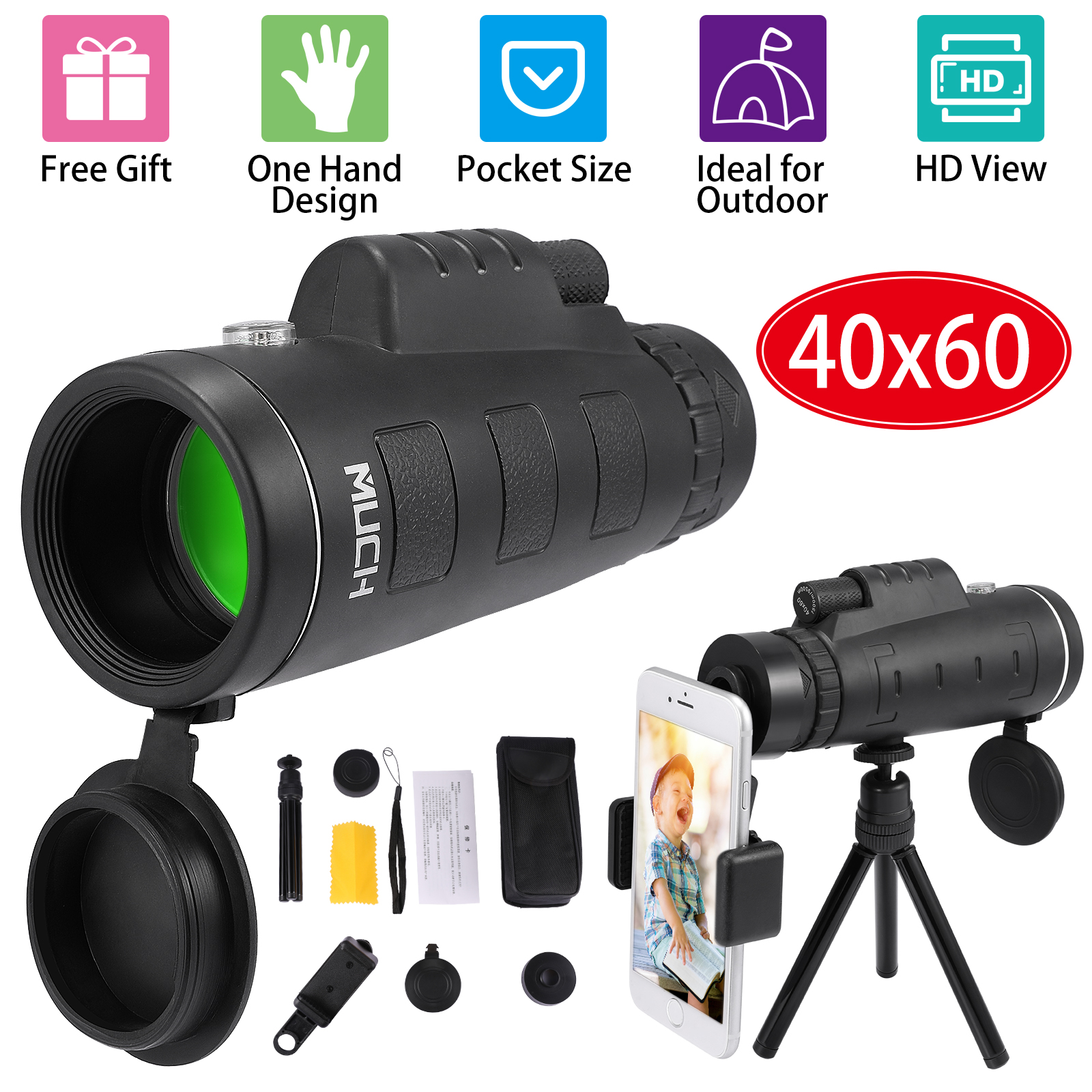 KKSQ 40x60 Outdoor Monocular Telescope with Phone Holder and Tripod ...