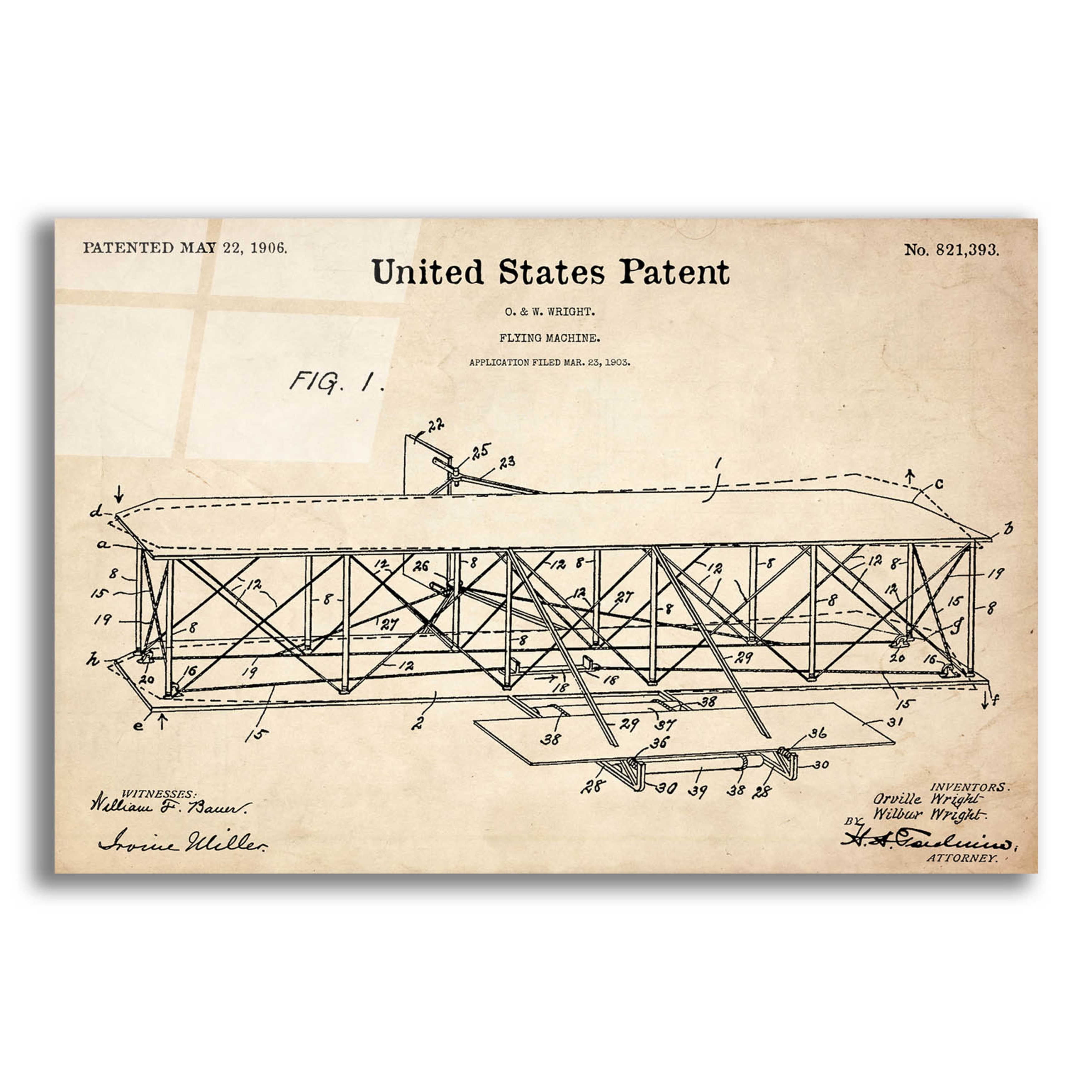 Epic Art 'Wright Bros. Flying Machine Blueprint Patent Parchment ...