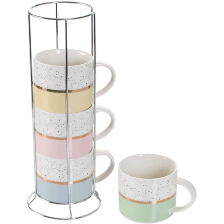 KSCD Stackable Coffee Mugs Set of 4 with Metal Stand, 15 Ounce Large ...