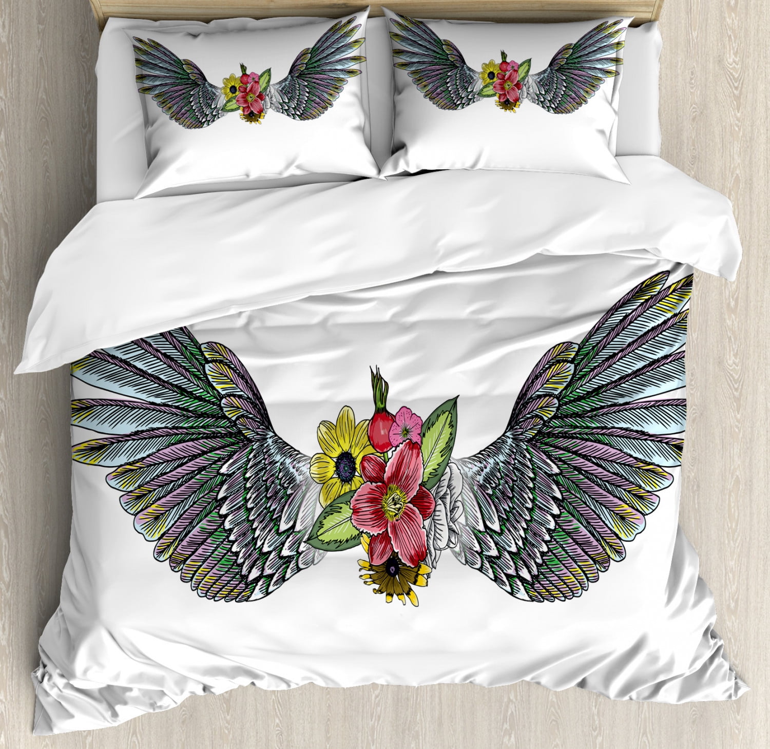 Angel Wings Duvet Cover Set Queen Size, Retro Blossom Daisy Botanical ...