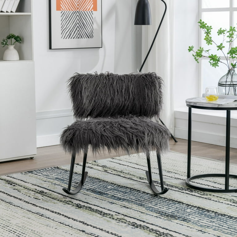 Modern Fluffy Rocking Chair Wide Pad Accent Glider Chair Comfy Fuzzy Chair for Vanity Upholstered Pad Chair and Stool for Living Room Bedroom