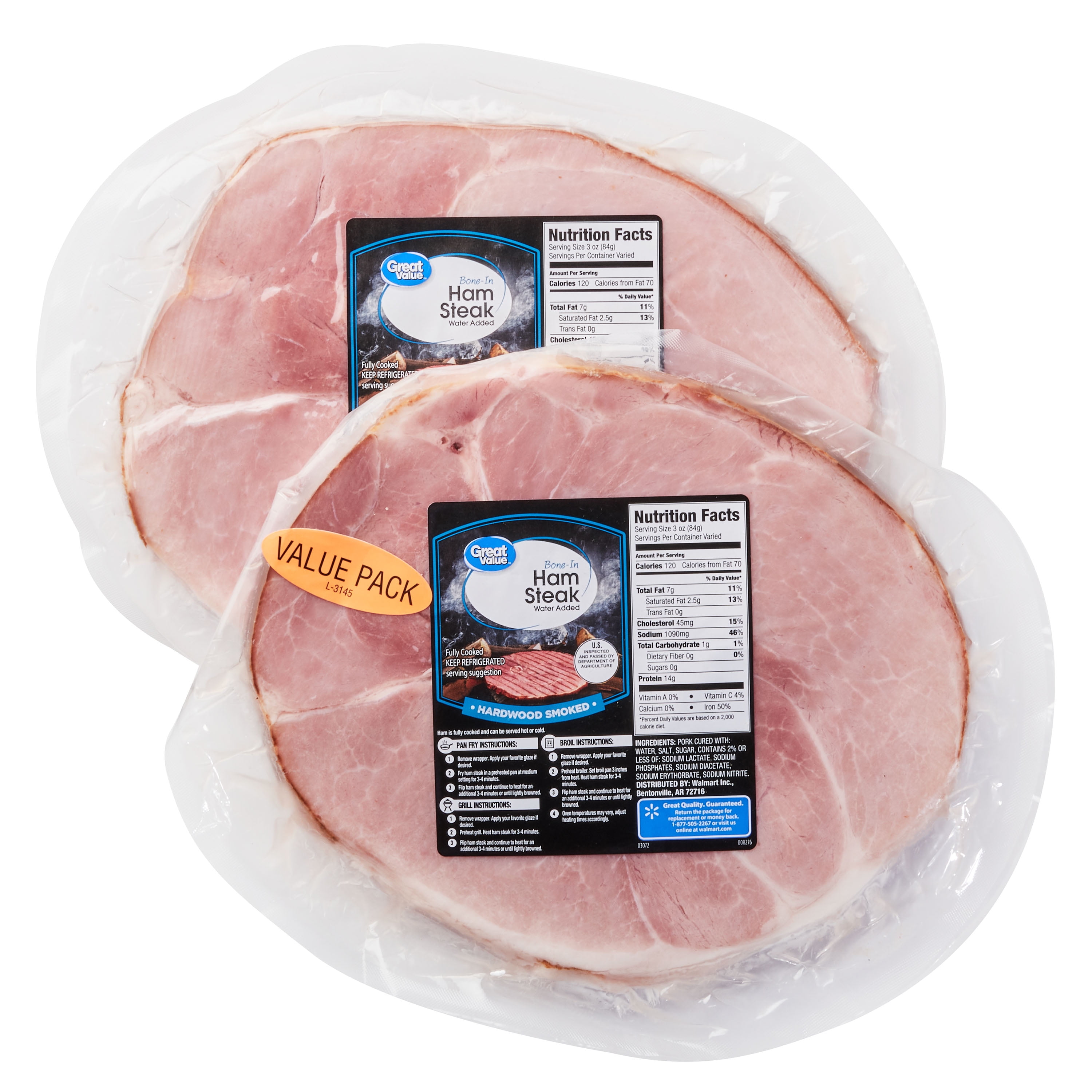 Great Value Hickory Smoked Ham Steak 2 Pack, Fully Cooked, Pork Bone-In ... Great Value Hickory Smoked Ham Steak 2 Pack, Fully Cooked, Pork Bone-In ...