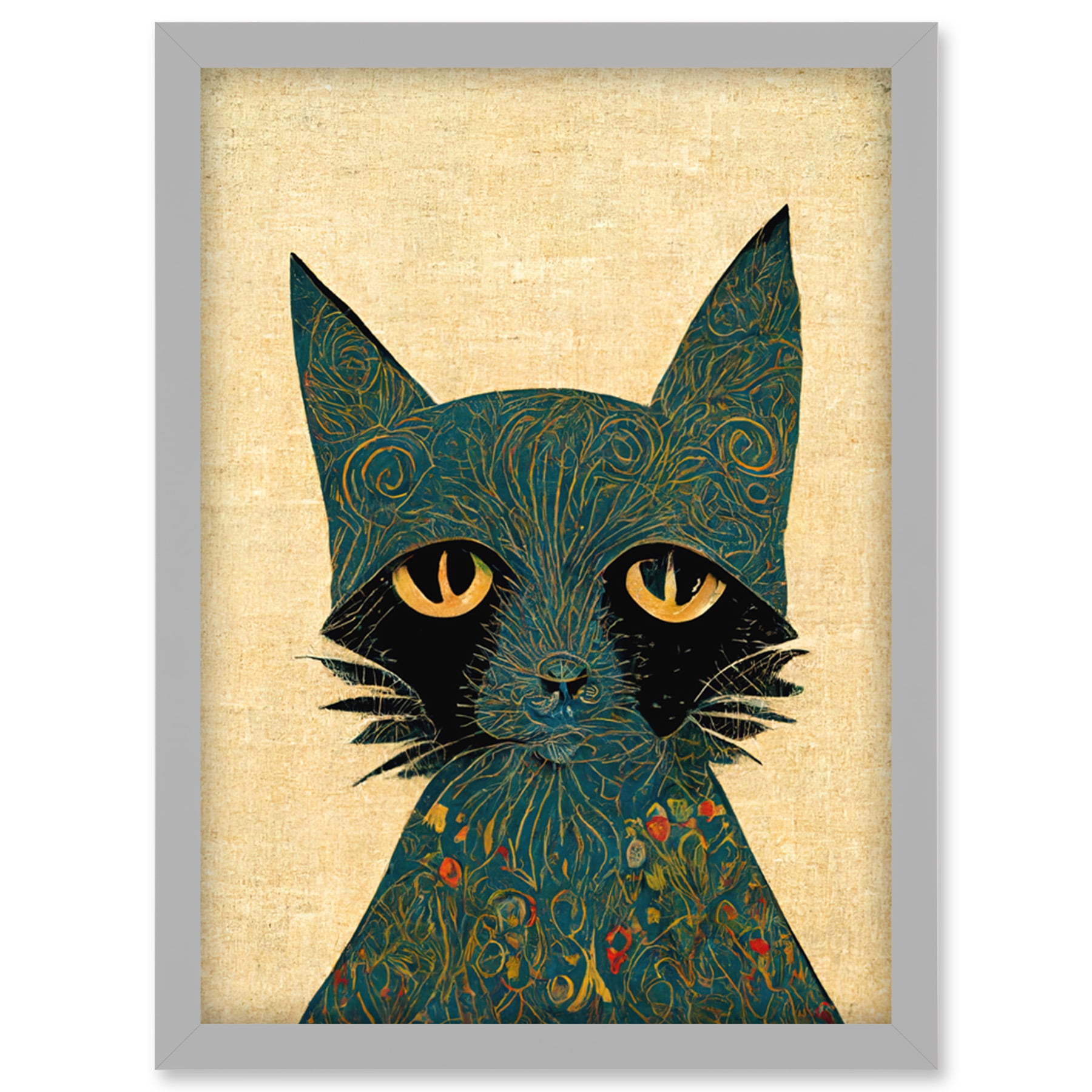 William Morris Style Floral Blue Cat Artwork Framed Wall Art Print A4 ...