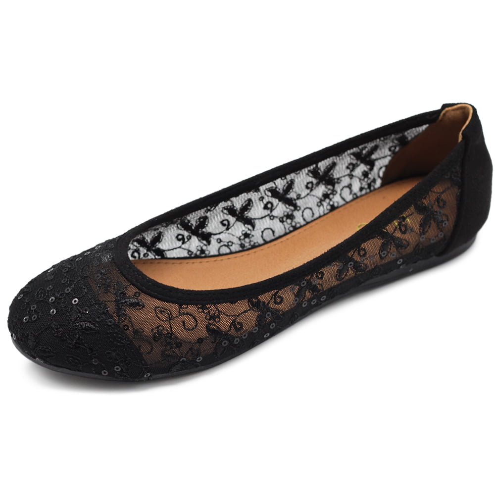 Ollio Women's Shoes Dots or Floral Lace Breathable Round Toe Ballet ...