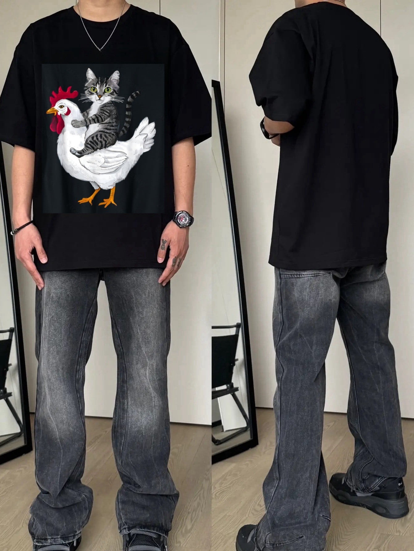 Camiseta de manga corta con un divertido gato y un pollo montados. Gato ...