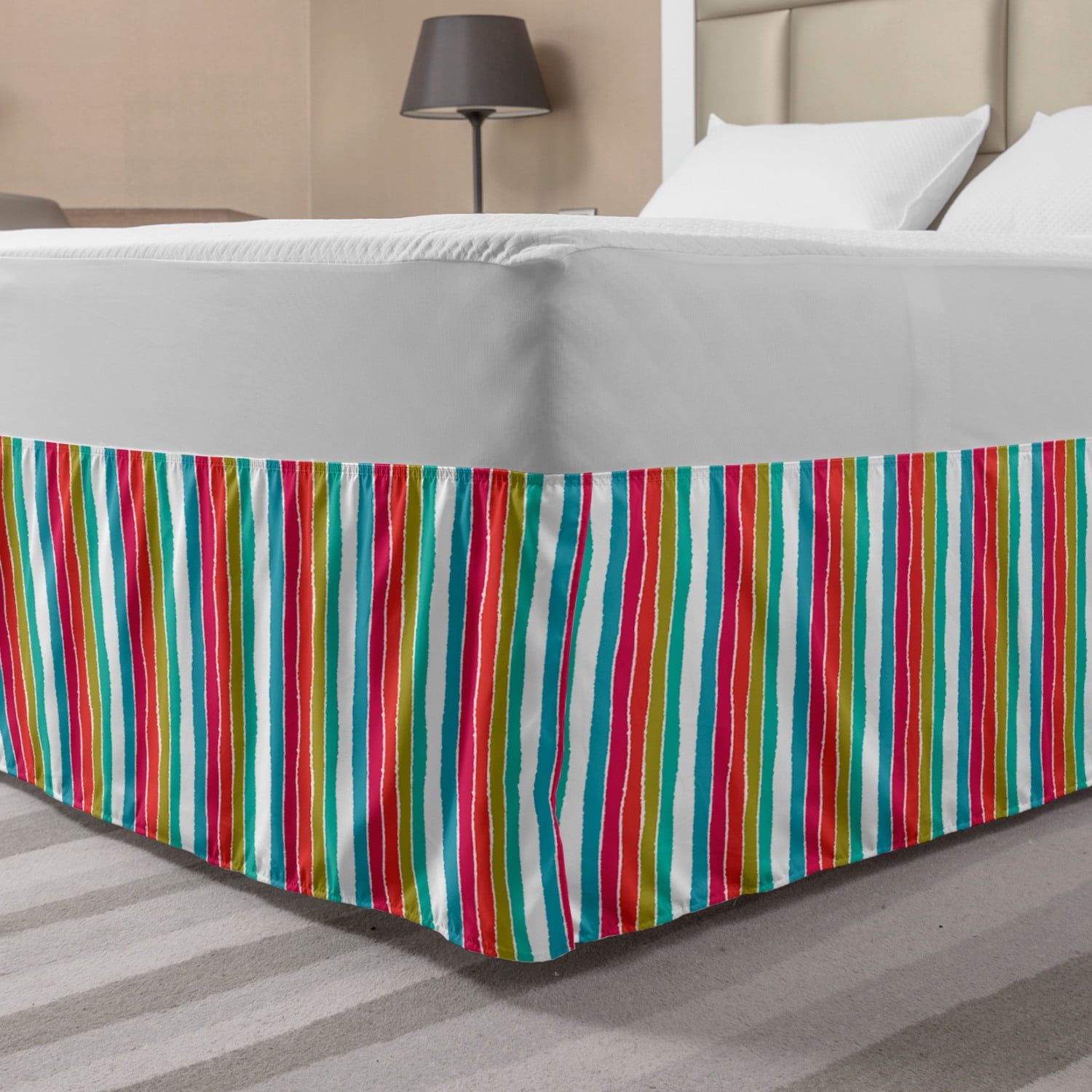 Pinstripe Bed Skirt, Vertical Wide Colorful Lines with Torn Paper ...