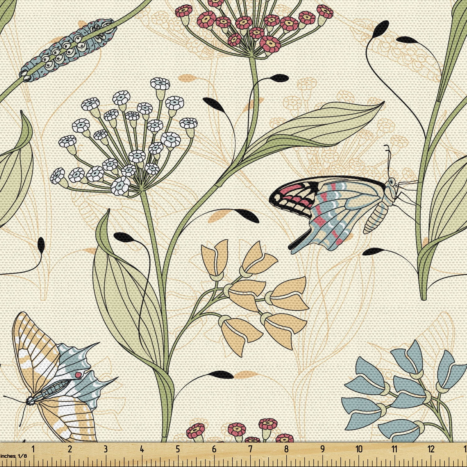 Botanical Fabric by the Yard, Forest Insects and Flowers Flourishing ...