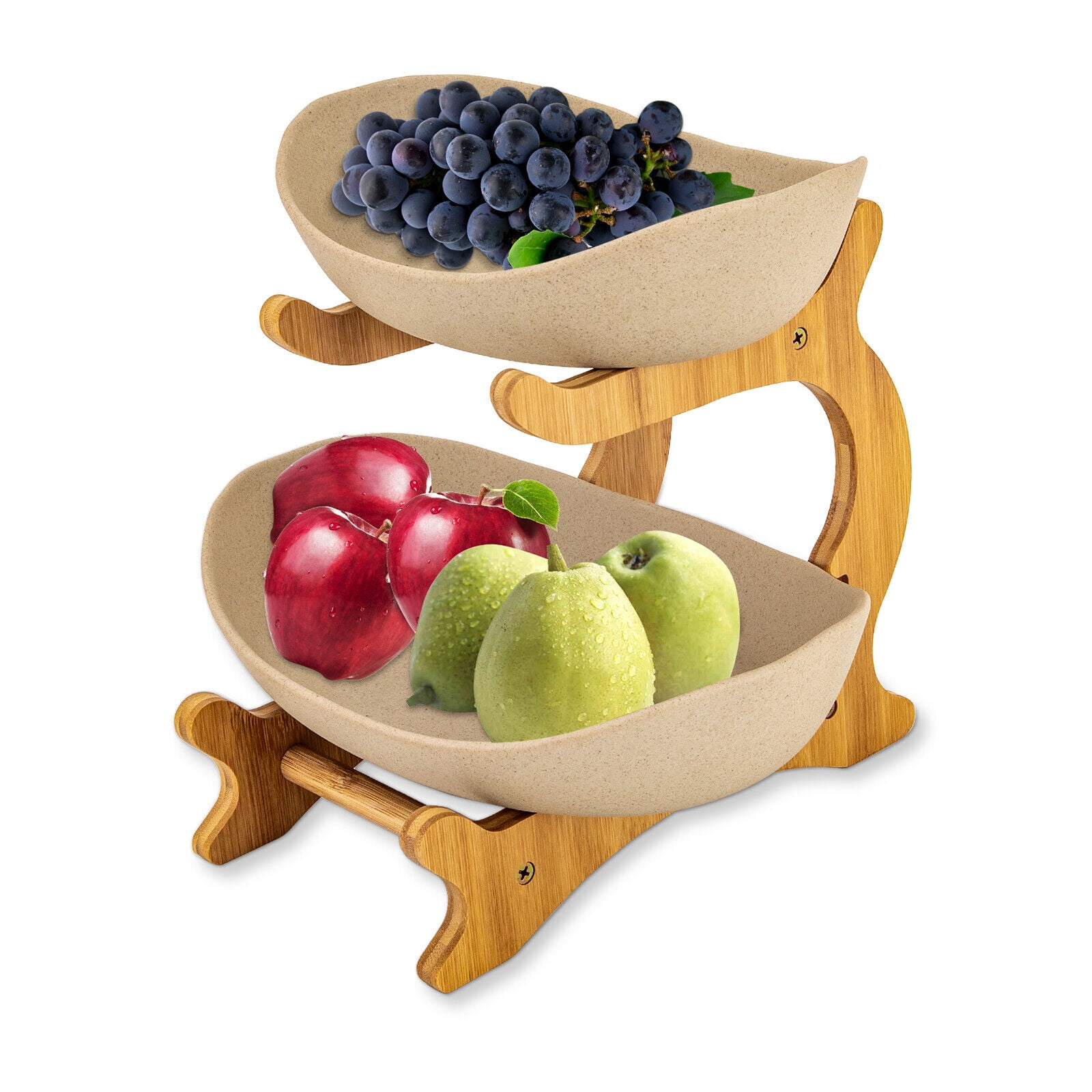 2 Tier Fruit Bowl, Fruit Basket Bowl Bamboo+Pottery for Kitchen ...