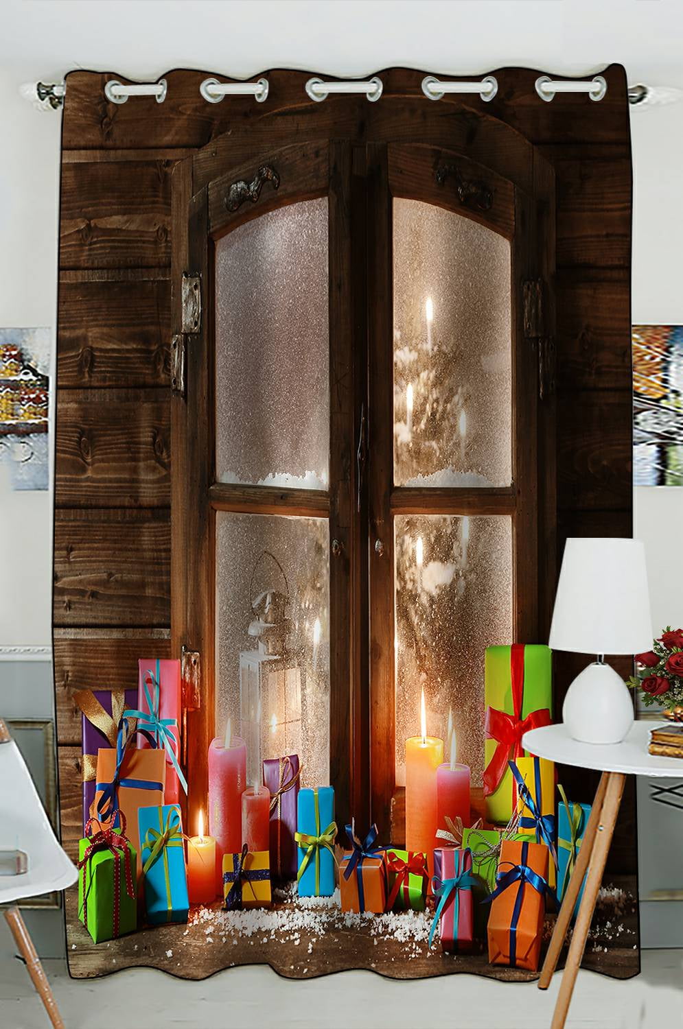 ECZJNT Christmas Presents Lighted Candles Window Pane Blackout Window ...
